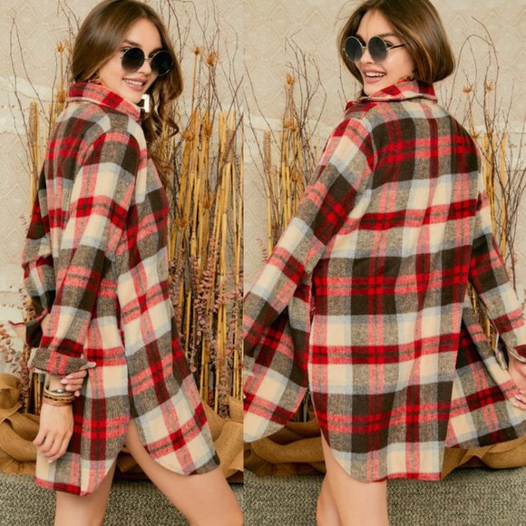 Tops | Red Beige Plaid Flannel Shirt Jacket Dress | Poshmark